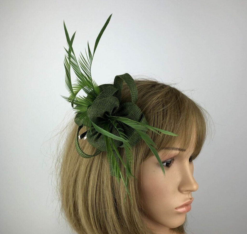 Khaki Green Fascinator with Biot Feathers – Olive Wedding & Race ...
